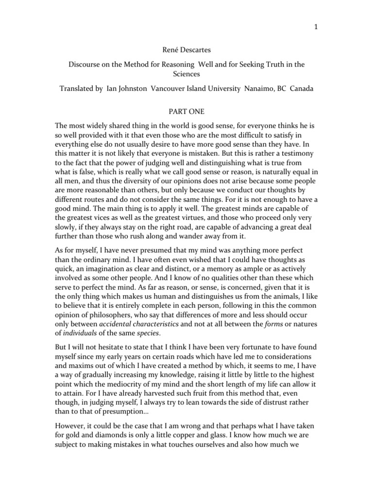 Discourse on Method I | PDF | Reason | Mind