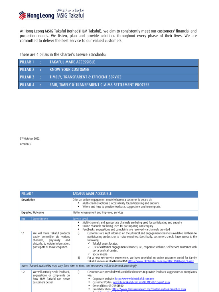 Customer Service Charter HLM Takaful Y2022 | PDF