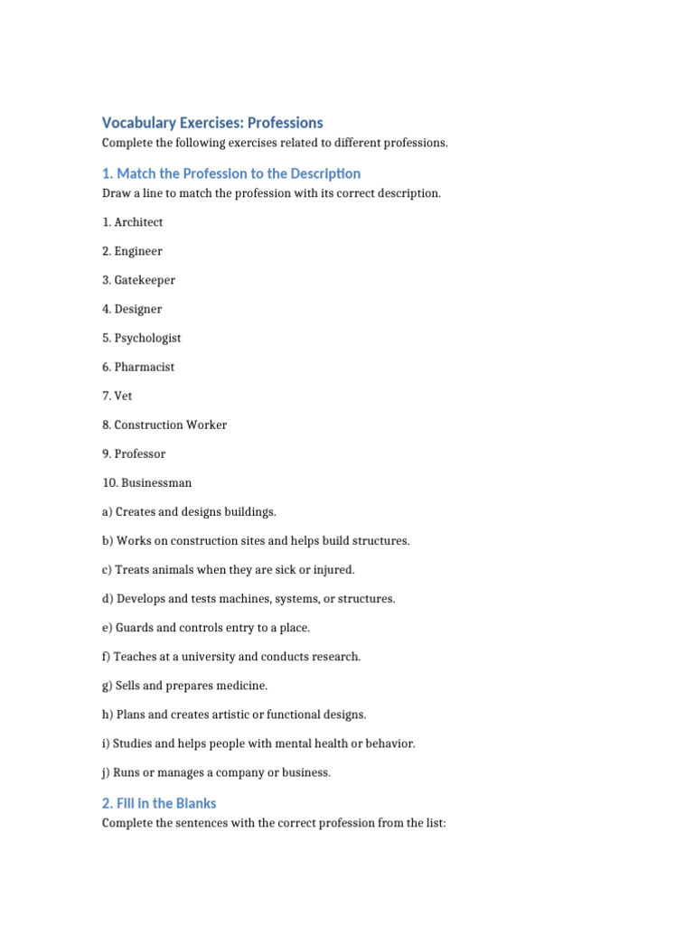 Professions Vocabulary Exercises | PDF | Crossword | Psychology