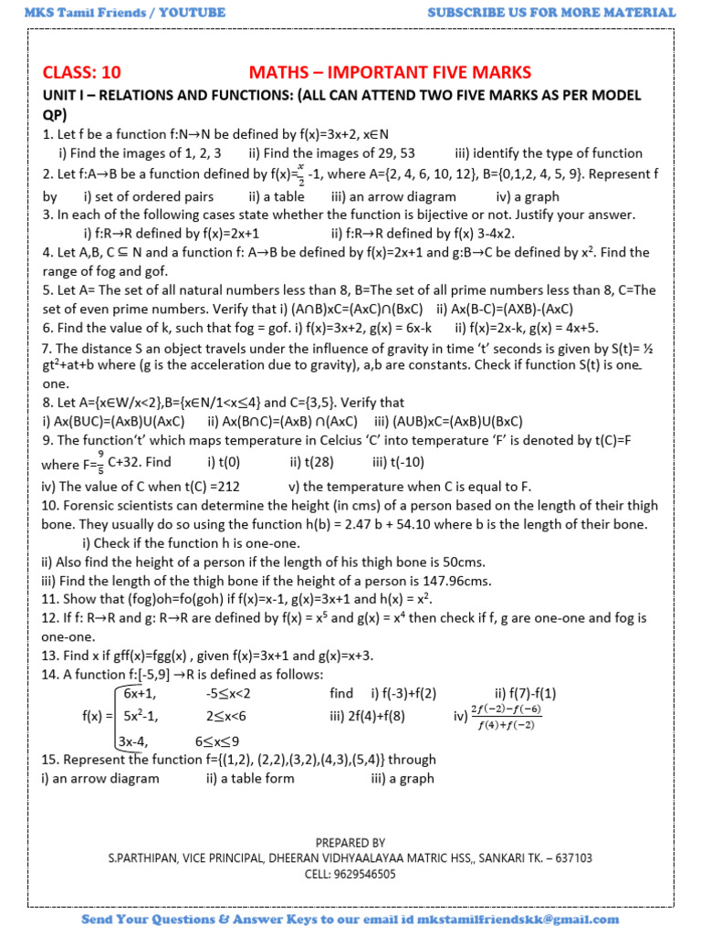 10th-maths-important-5-mark-questions-english-medium- | PDF | Function (Mathematics) | Mathematics