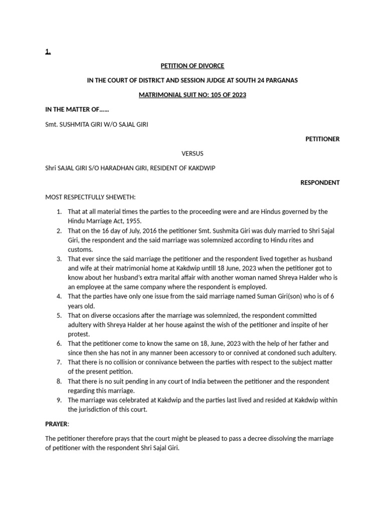 Divorce Petition: Sushmita vs. Sajal | PDF | Lawsuit | Habeas Corpus