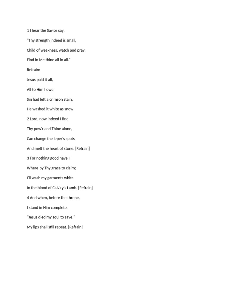 Jesus Paid It All: Hymn Lyrics | PDF