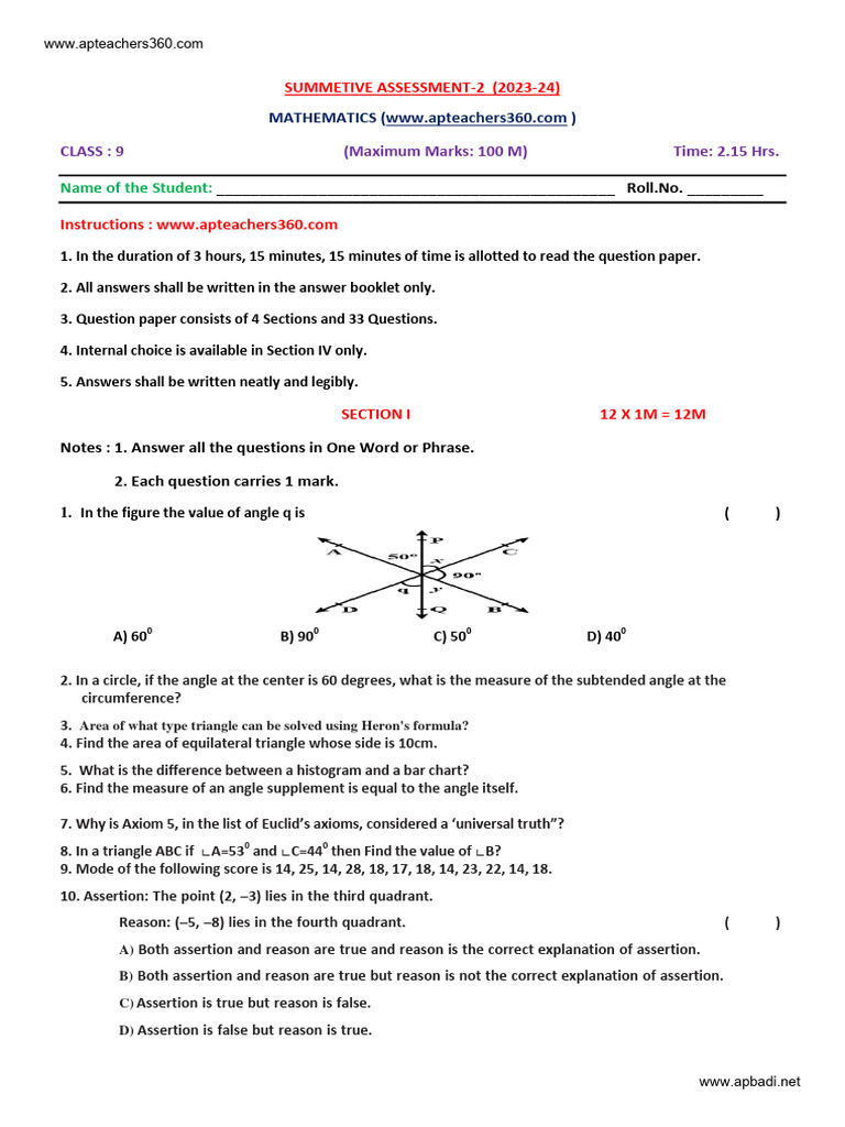9th Maths S.A-2 MODEL PAPER | PDF | Triangle | Area