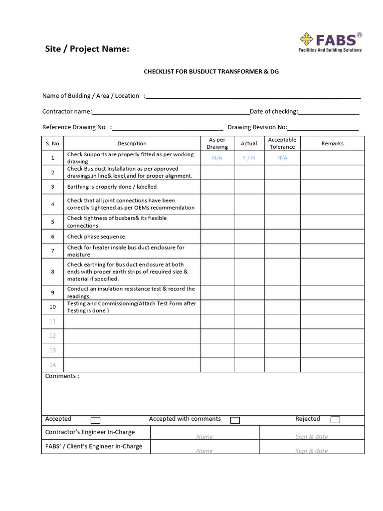 10.00 - Checklist - Bus Duct Transformer & DG | PDF
