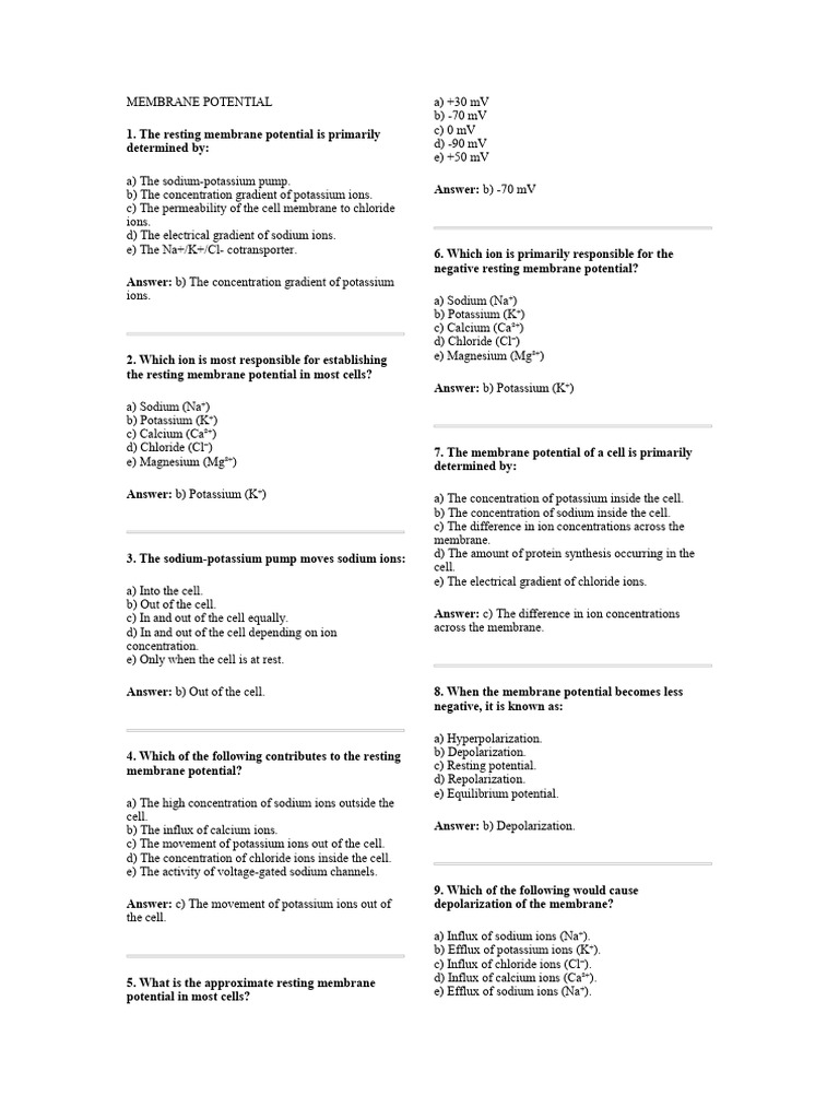 100 MCQs of Membrane Potential | PDF | Action Potential | Membrane ... 100 MCQs of Membrane Potential | PDF | Action Potential | Membrane ...