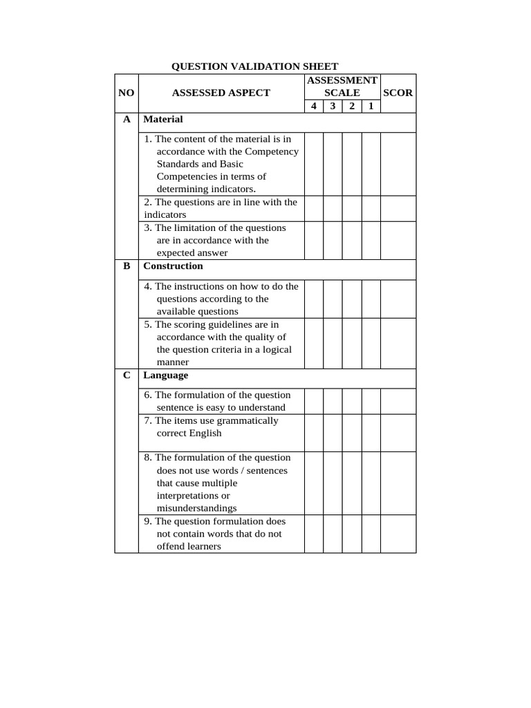 Question Validation Sheet | PDF