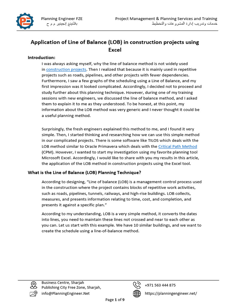 Line of Balance in Construction Projects | PDF