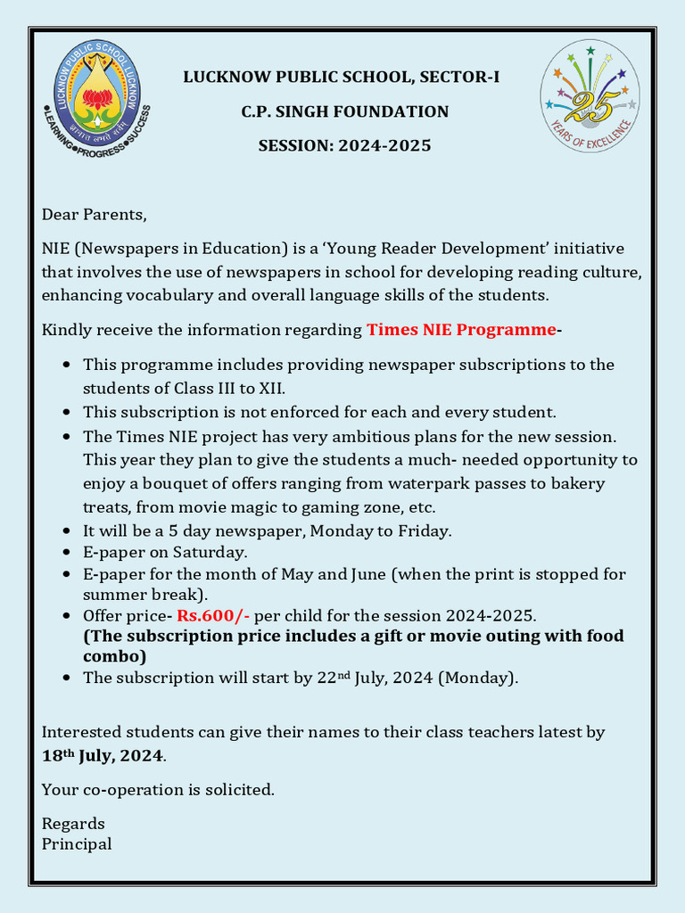 Times NIE Subscription Details 2024-25 | PDF