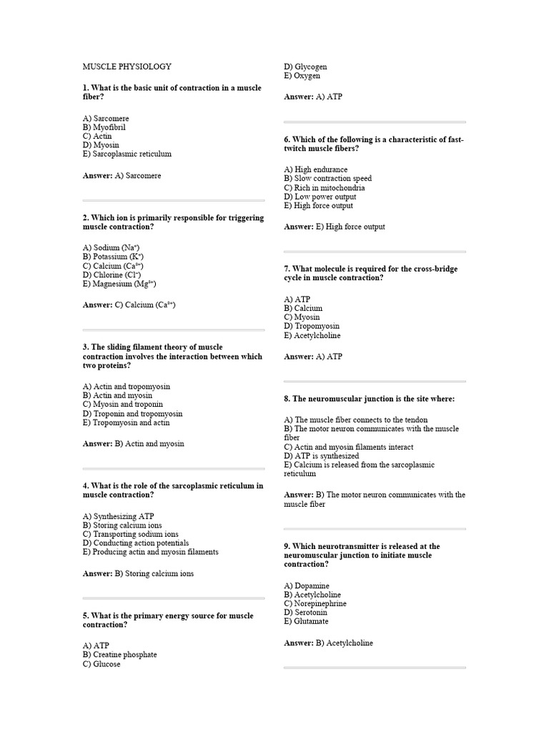 100 MCQs of Muscle Physiology | PDF | Muscle Contraction | Skeletal Muscle 100 MCQs of Muscle Physiology | PDF | Muscle Contraction | Skeletal Muscle