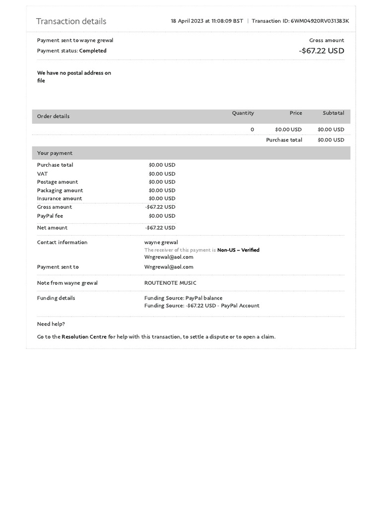 PayPal Transaction Summary for Order | PDF