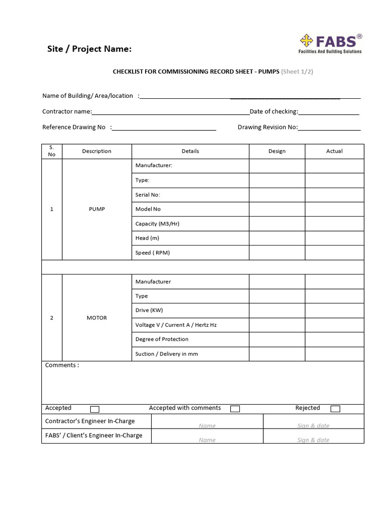 23.00_ Checklist_ commissioning record sheet - Pumps | PDF | Pump ...