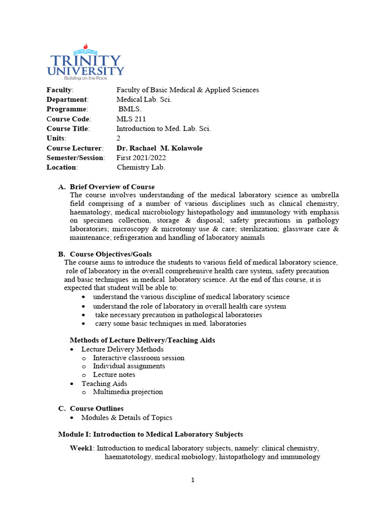MLS 211 Introduction To Med. Lab. Sci. | PDF | Medical Laboratory | Infection