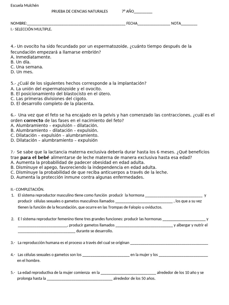 Prueba 7° Año. Embarazo, Parto. 2017 | PDF | Placenta | Parto