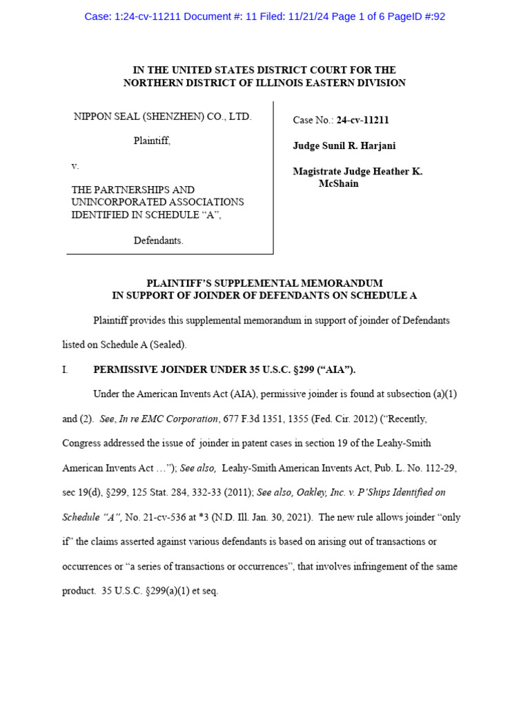 Nippon Seal (Shenzhen) Co. - Brief Re Joinder | PDF | Joinder | Federal ...