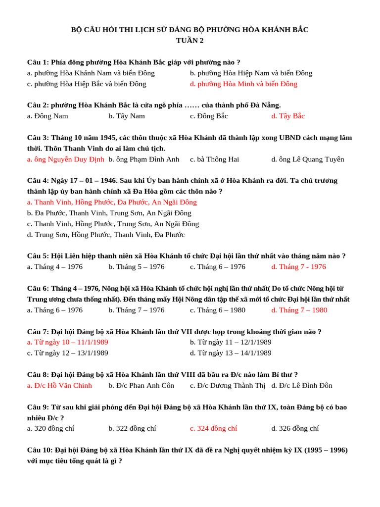 Bộ Đề Thi Lịch Sử Đảng Bộ Phường HKB - Dap an-TUAN 2 | PDF