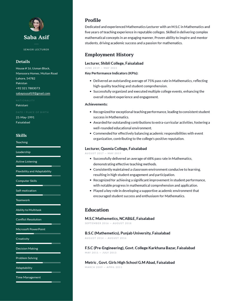 Saba Asif CV | PDF | Mathematics | Learning