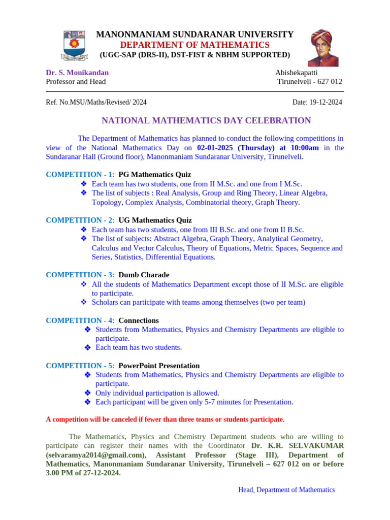Ramanujan Day Program 2024-25 Revised Schedule | PDF | Mathematics ...