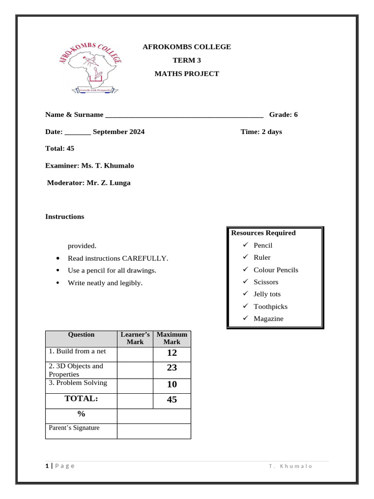 2024 Maths Project Grade 6 | PDF | Geometric Shapes | Polytopes