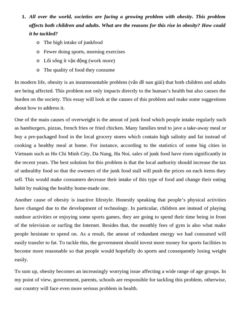 Practice Writing Task 2 (Lần 2) | PDF | Junk Food | Obesity