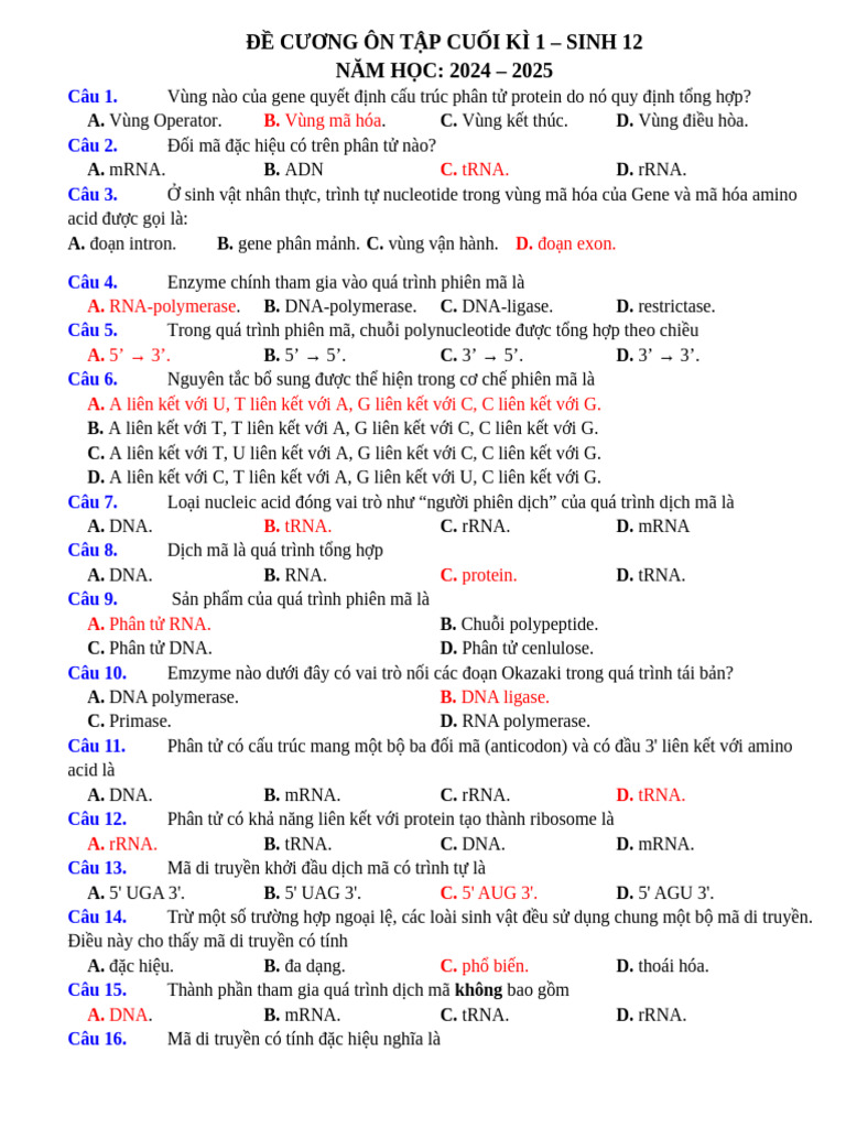 ĐỀ CƯƠNG ÔN TẬP CK1 -SINH 12-GỬI HS | PDF