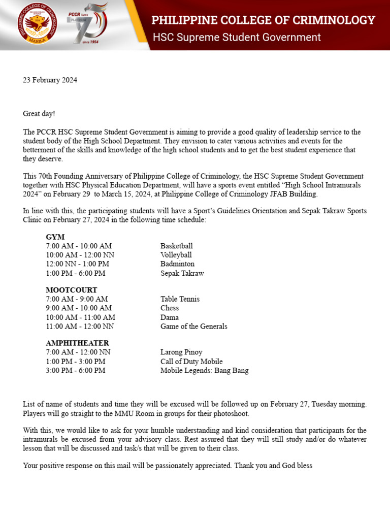 [HSC SSG] Guidelines Orientation Excuse Letter | PDF | Sports
