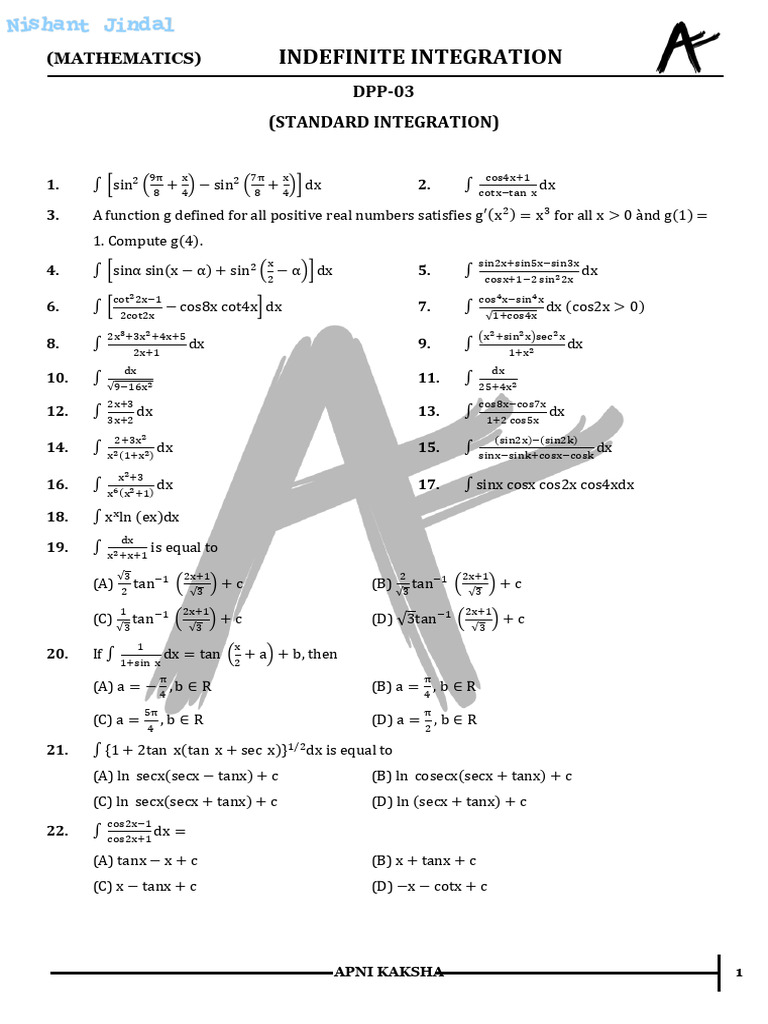 DPP 03 Indefinite Integration Standard Integratio NJ 247 | PDF | Functions And Mappings ...
