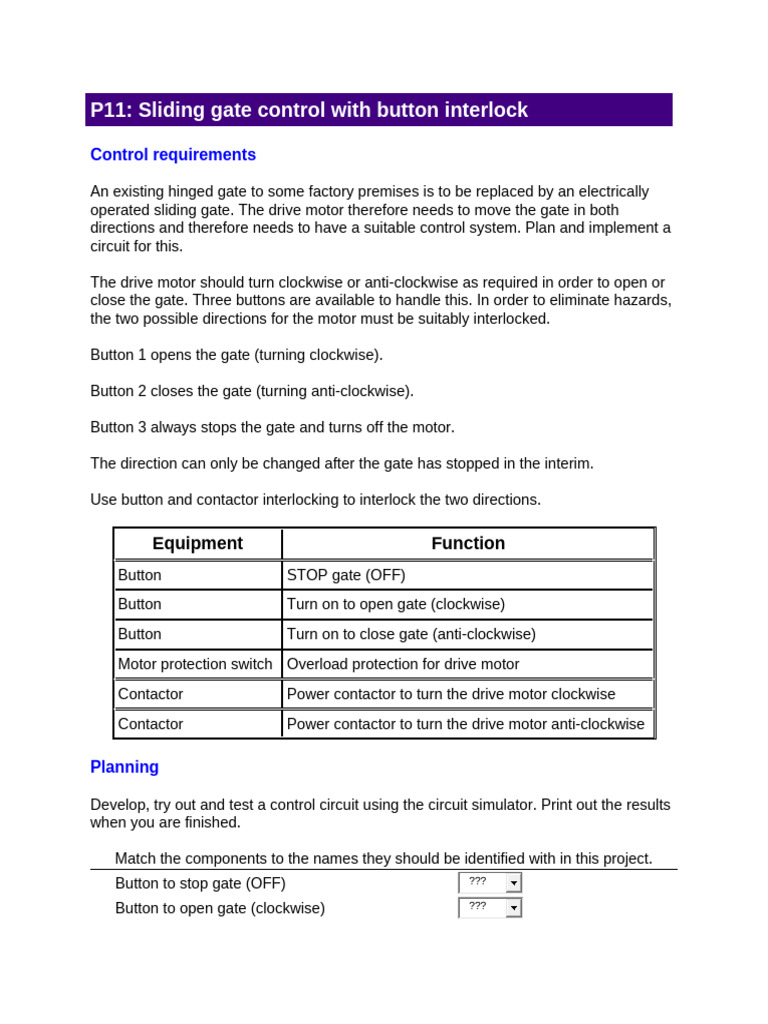 P11 Sliding gate control with button interlock | PDF | Power Supply | Equipment