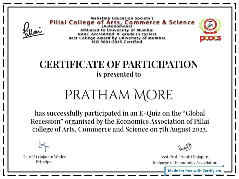 Certificate For Pratham More For - E-QUIZ - GLOBAL RECESSION. | PDF