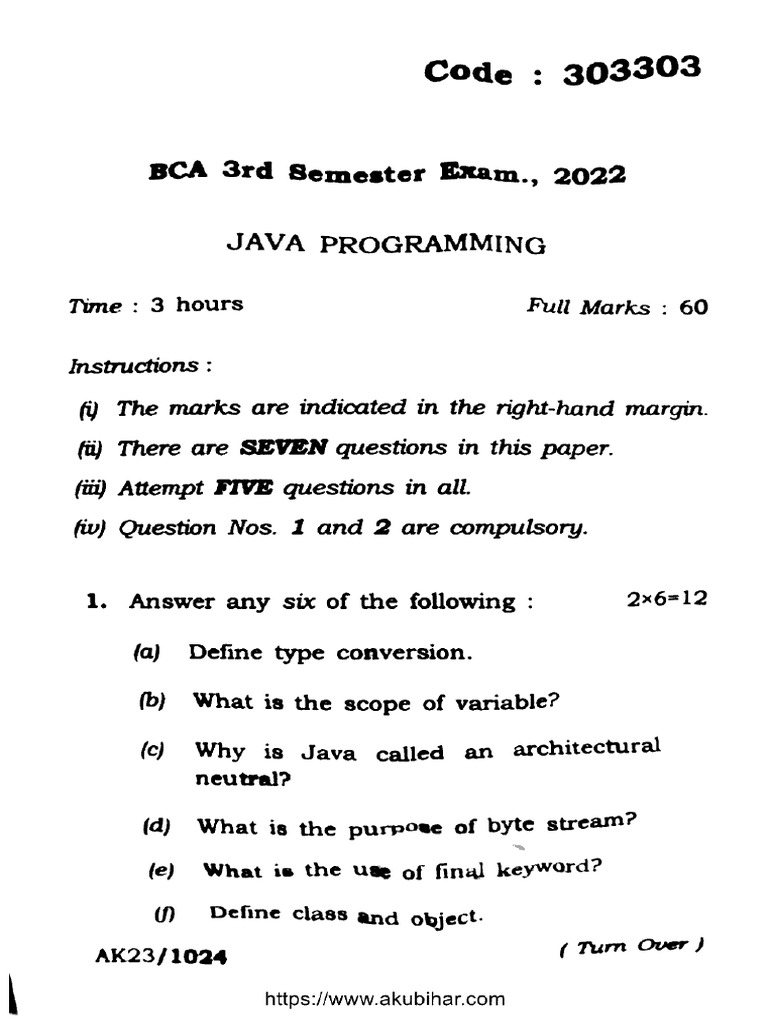 Bca 3 Sem Java Programming 303303 2022 | PDF