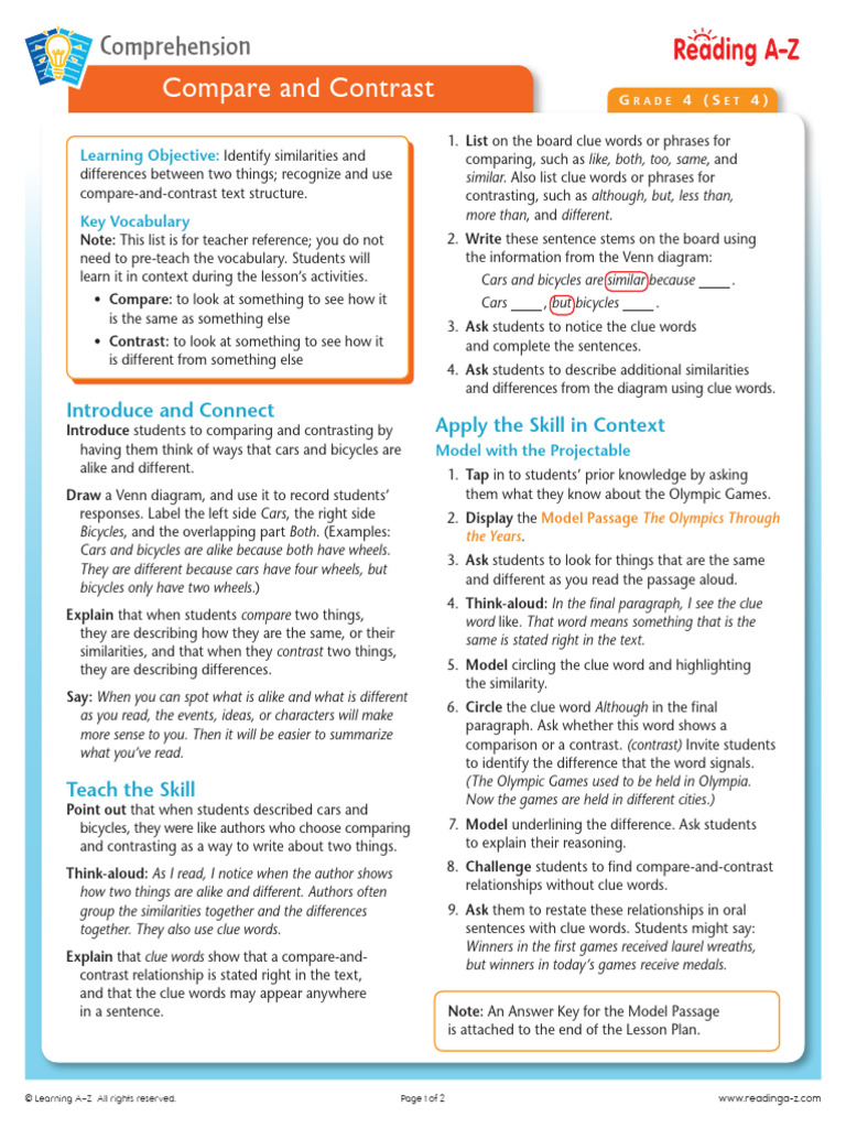 cp_gr4_compare_contrast_teacher_lesson_plan | PDF | Electric Car | Car