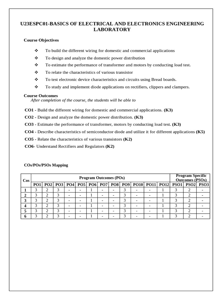 BEEE Lab Manual: Electrical & Electronics | PDF | Ac Power Plugs And ...