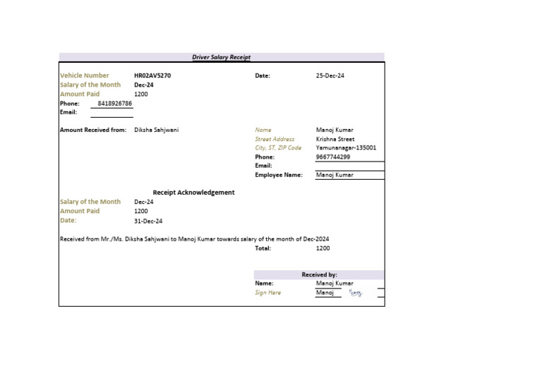 Driver Salary Slip Dec2024 | PDF