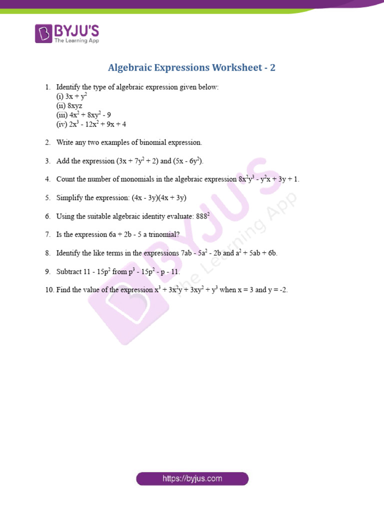 Algebraic Expressions Worksheet 2 | PDF