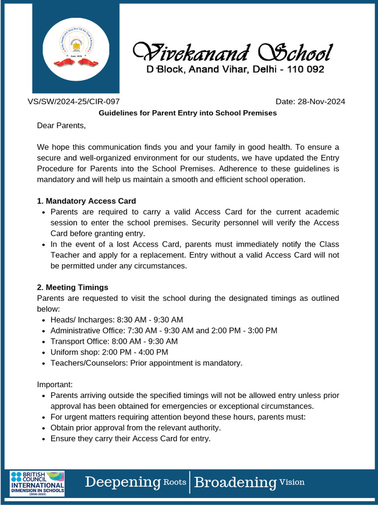 Parent Entry Into School Premises | PDF