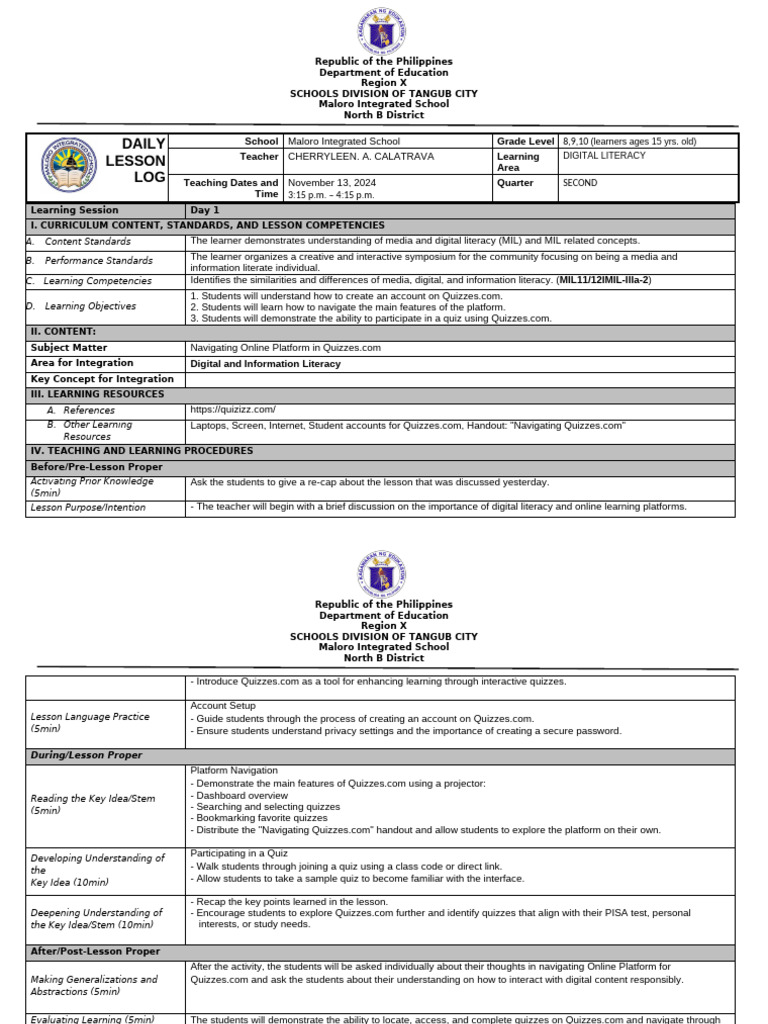 DAILY LESSON LOG (Digital Literacy) | PDF | Learning | Quiz