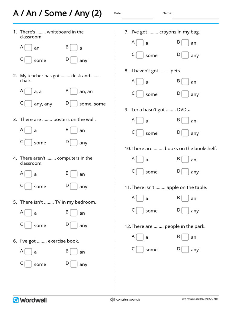a-an-some-any-2-quiz (1) | PDF | Classroom | Educational Environment