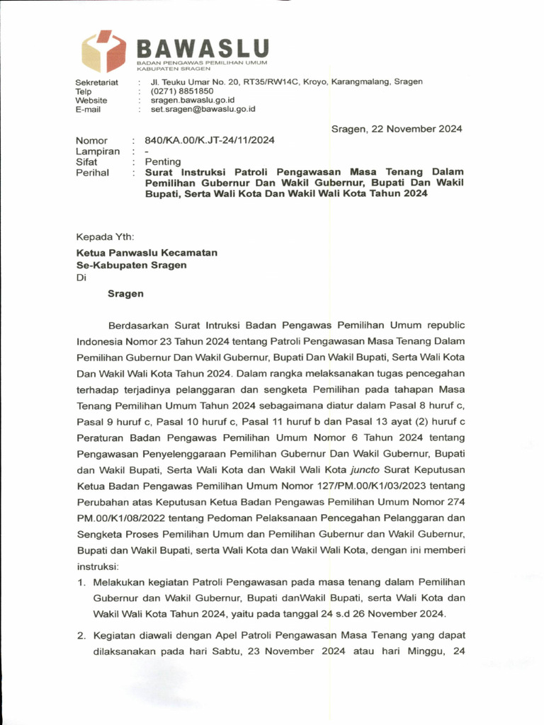 11222024 Surat Instruksi Panwascam Masa Tenang | PDF