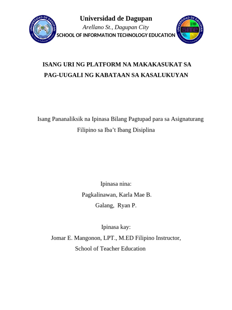 ISANG URI NG PLATFORM NA MAKAKASUKAT SA PAG-UUGALI NG KABATAAN SA ...