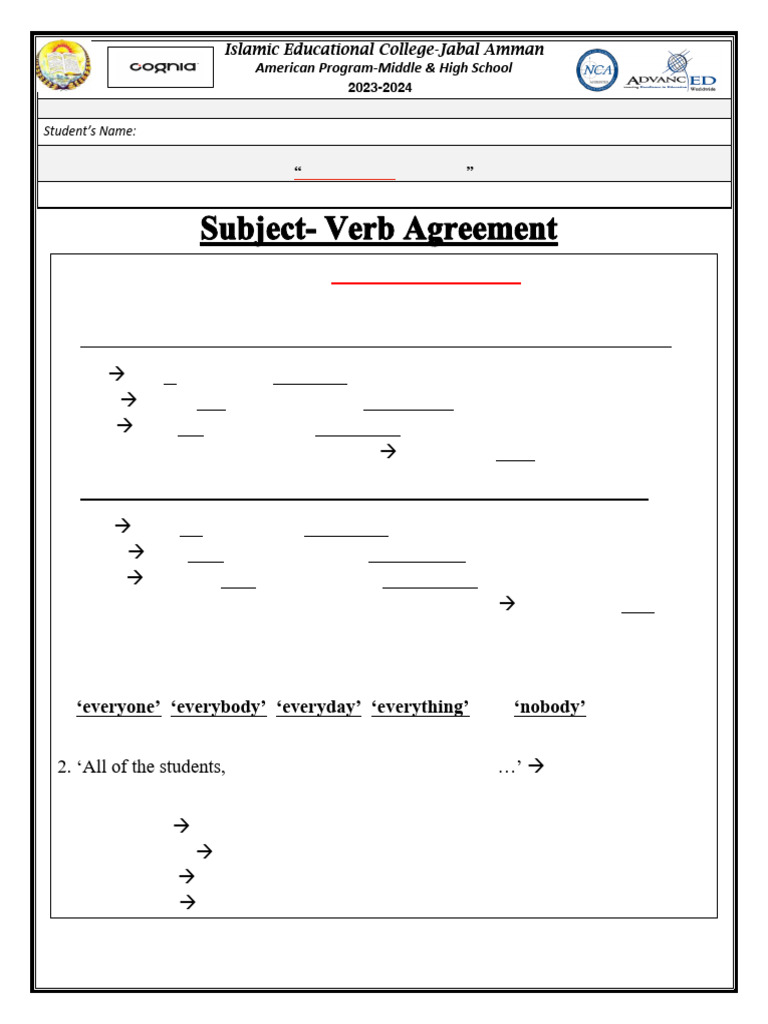 Grammar Worksheet 2 - Subject - Verb Agreement | PDF | Grammatical ...