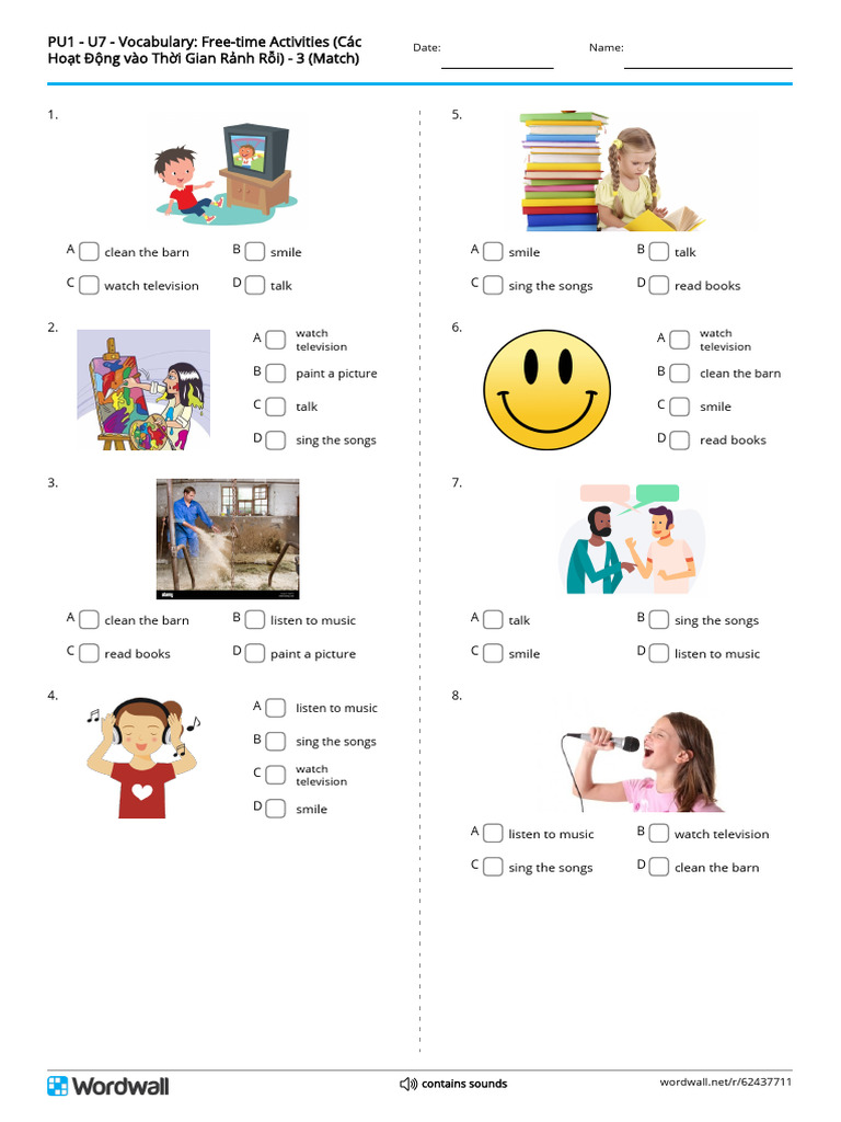 pu1 u7 vocabulary free time activities các hoạt động vào thời gian rảnh rỗi 3 match quiz | PDF