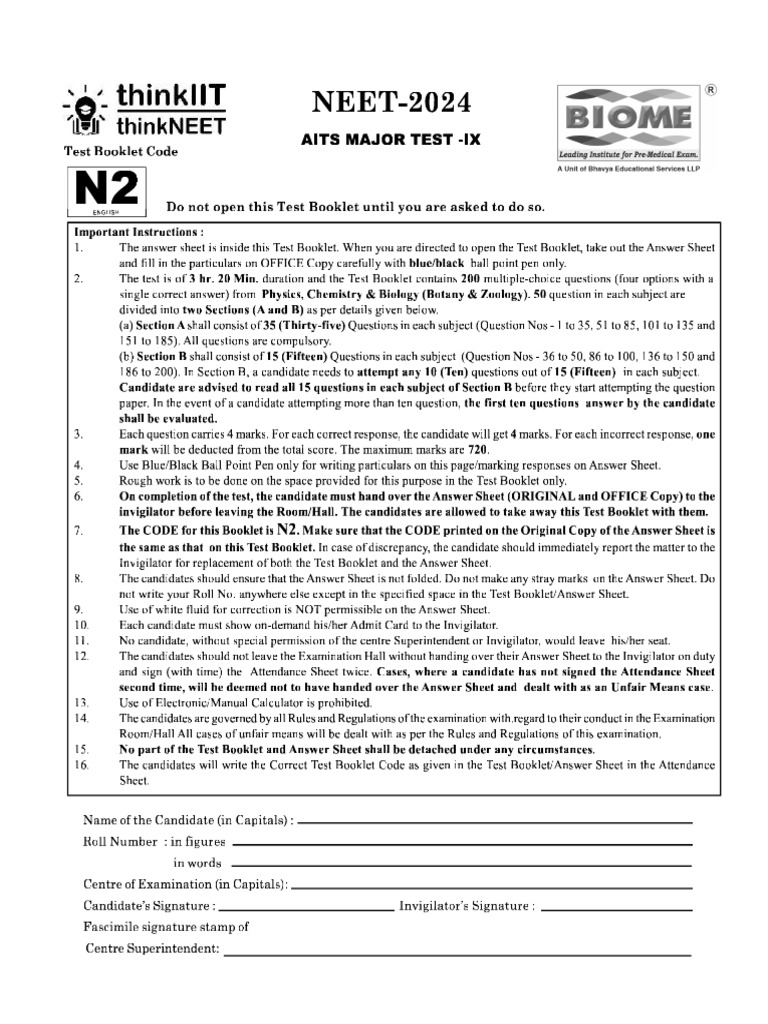 NEET - Full Test-09 - Eng - Print | PDF
