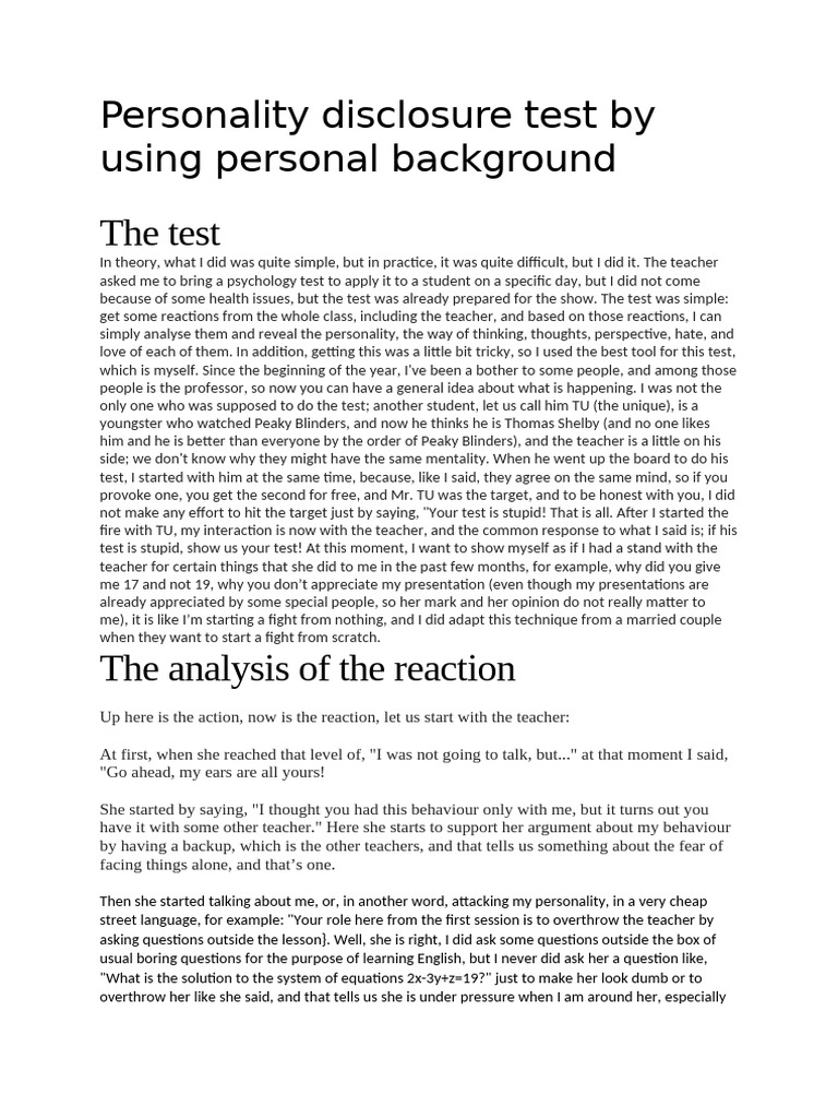 Personality Disclosure Test by Using Personal Background (Que Sera ...