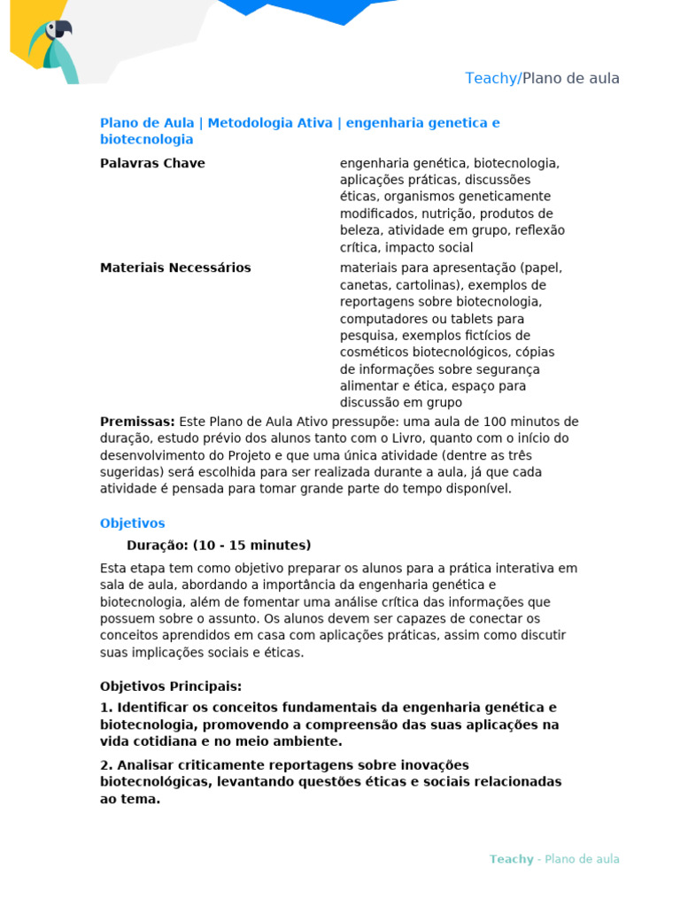 Plano de aula sobre Engenharia Genetica e Biotecnologia | PDF | Biotecnologia | Engenharia Genética