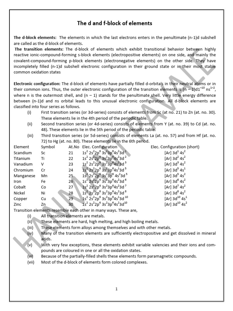 The D and F Block Elements | PDF | Lanthanide | Transition Metals
