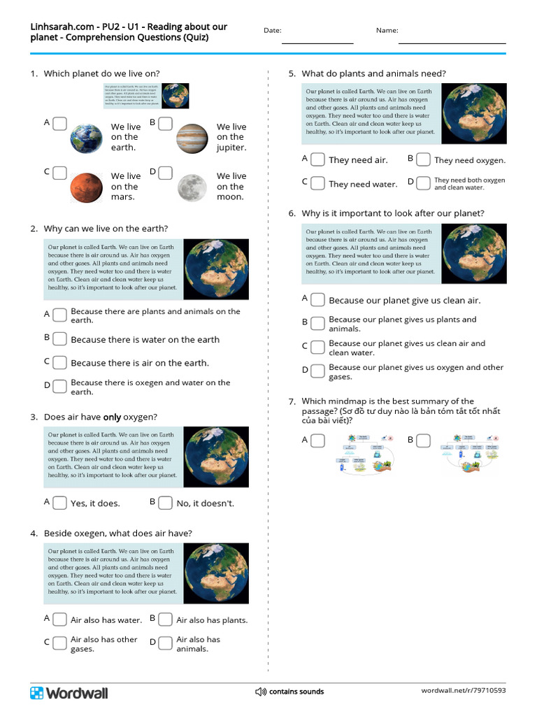 Linhsarahcom Pu2 U1 Reading About Our Planet Comprehension Questions Quiz Quiz | PDF ...