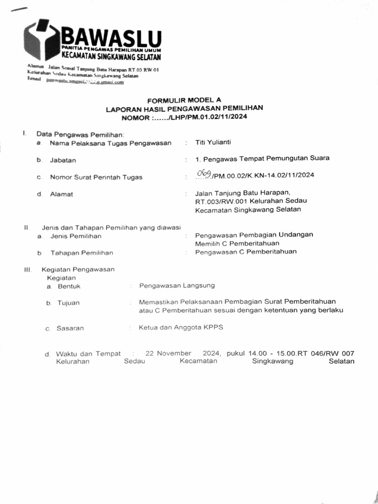 Form A Pembagian Surat Pemberitahuan Tps 033 | PDF