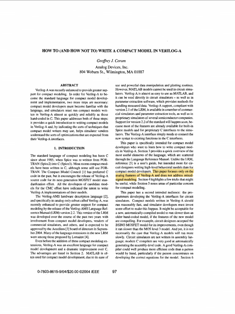 (2004) How To and How Not To Write A Compact Model in Verilog-A (OCR) | PDF | Spice | Mosfet