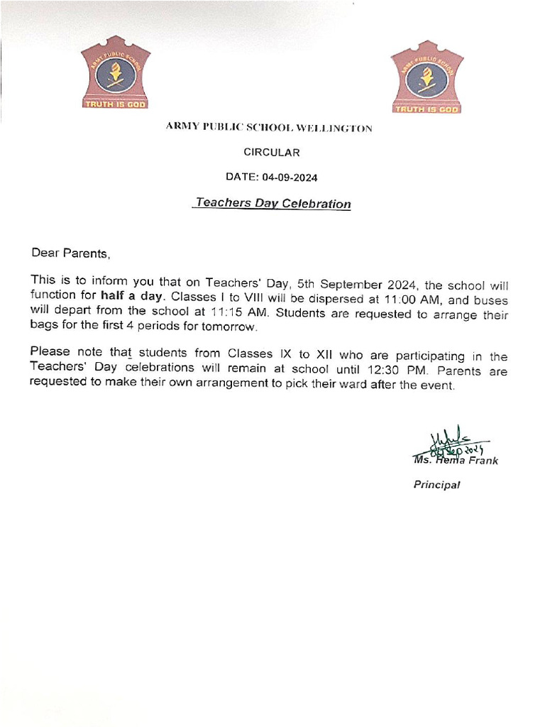 Circular for Parents Regarding Teachers Day Celebration 2 | PDF