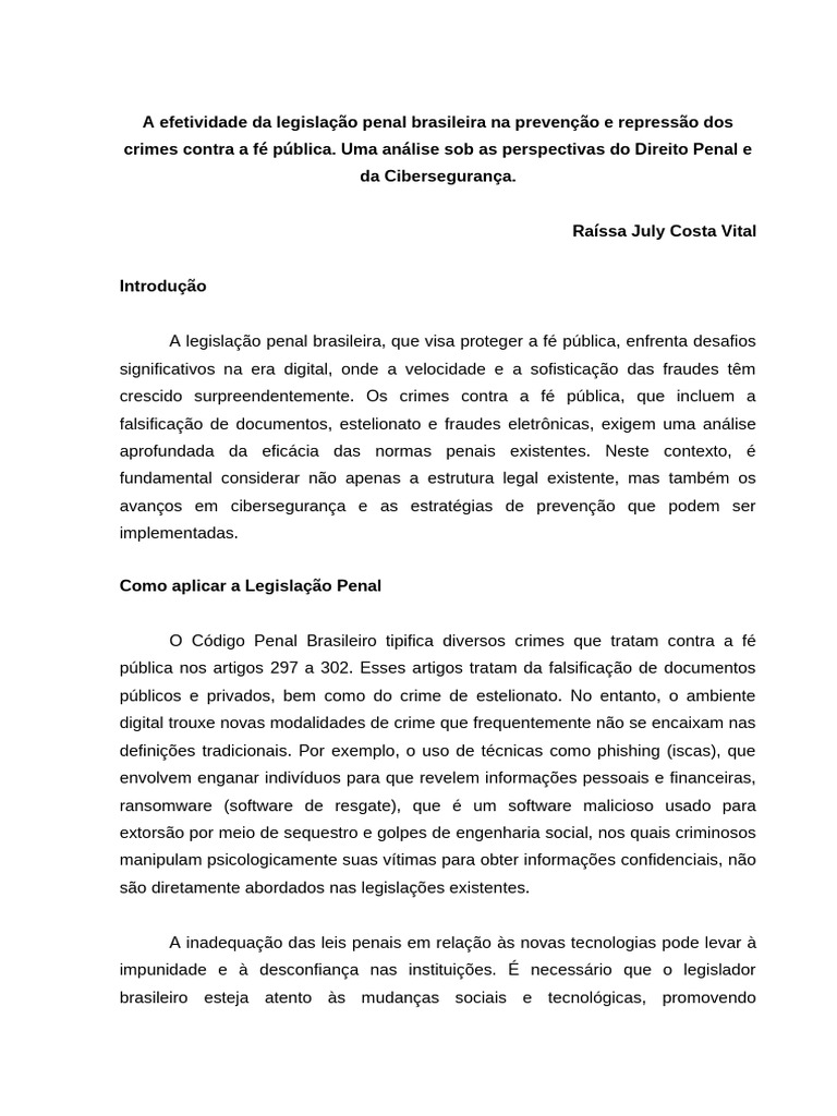 A efetividade da legislação penal brasileira na prevenção e repressão ...