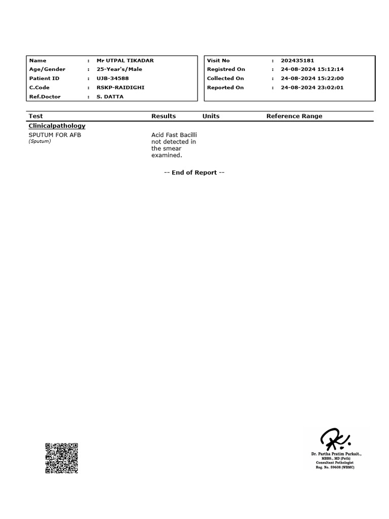 Sputum AFB Test Results for Mr. Tikadar | PDF